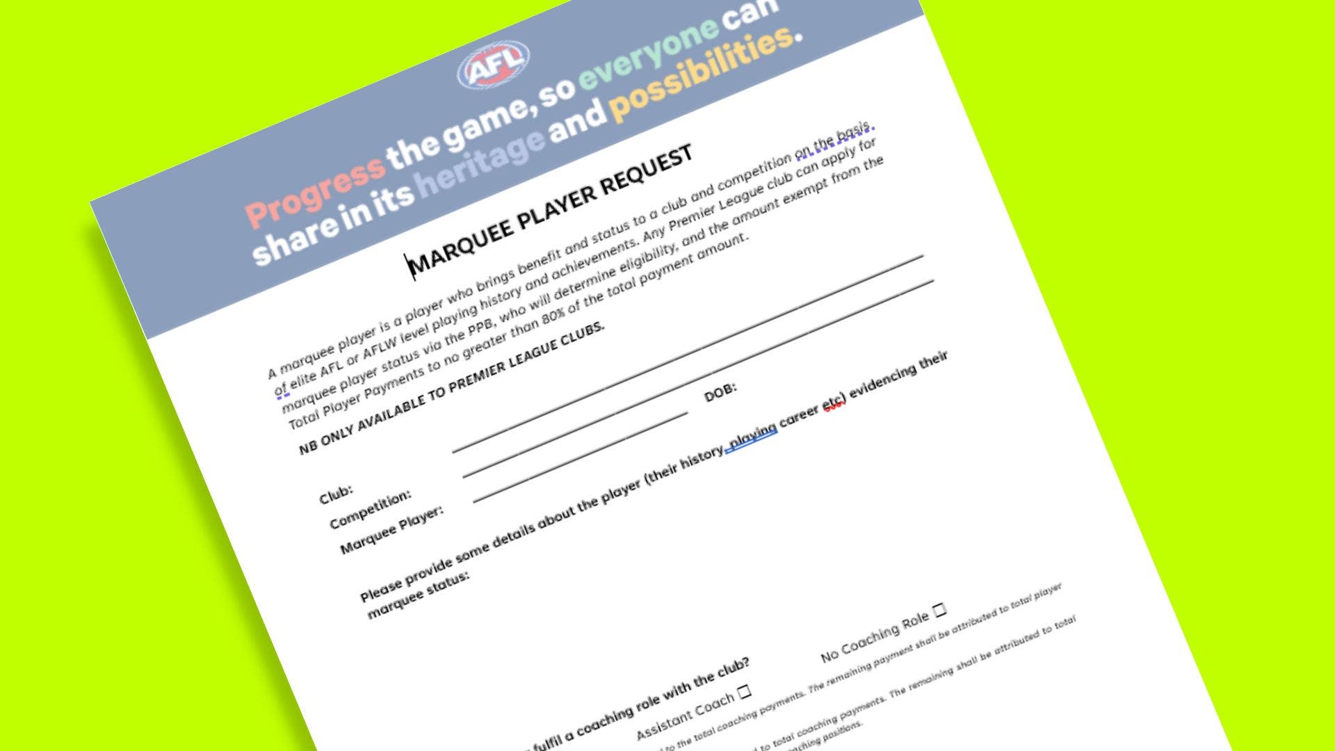 Marquee Player Request - Play AFL