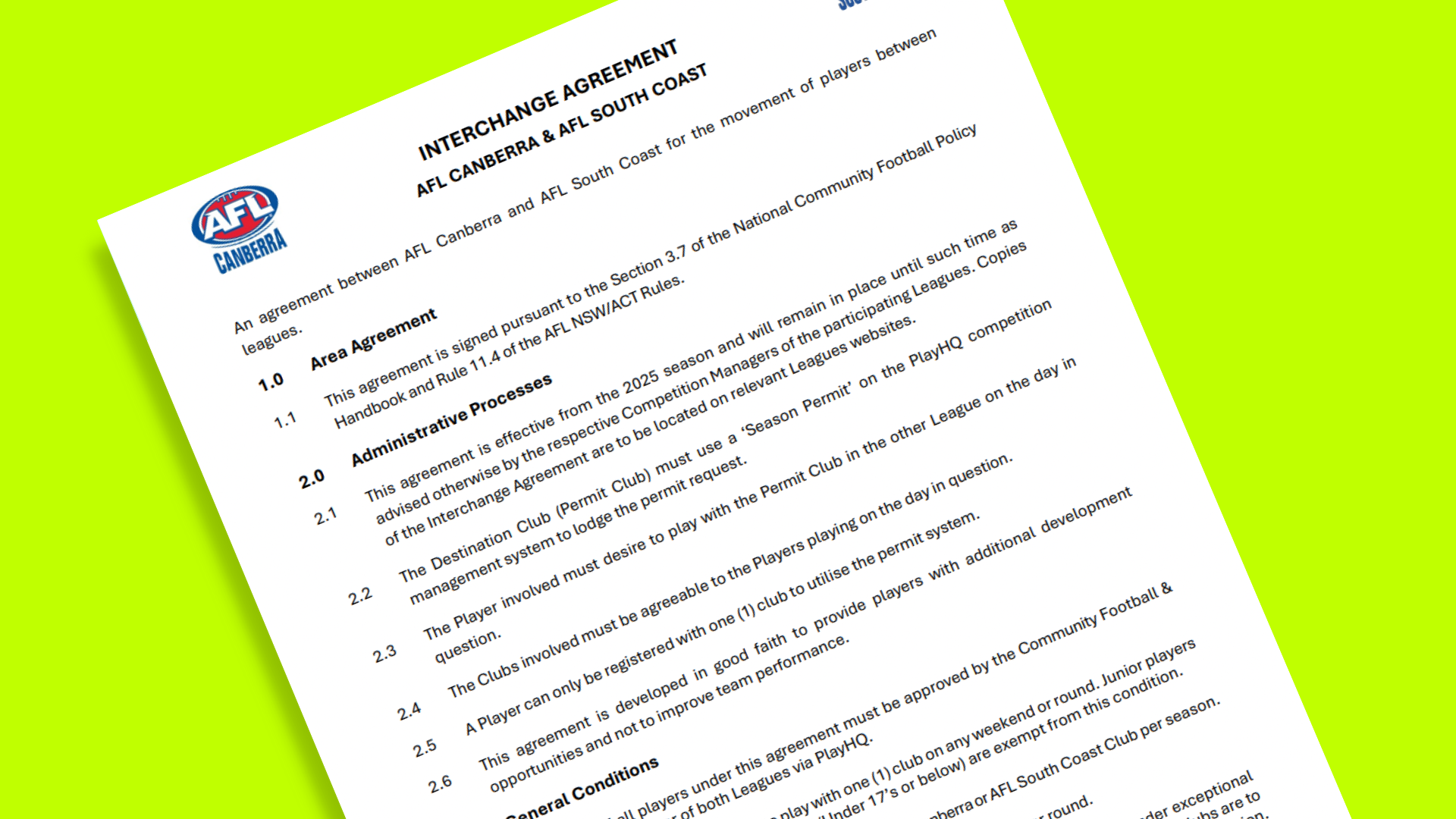 AFL Canberra and AFL South Coast - Interchange Agreement - Play AFL