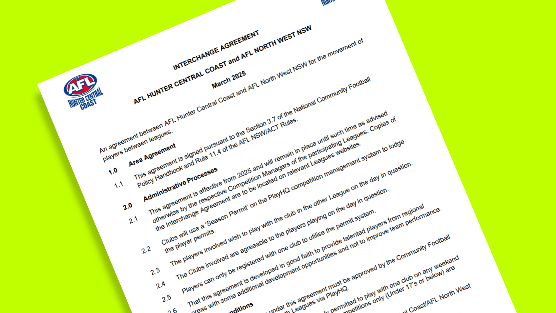 AFL North West NSW and AFL Hunter Central Coast - Interchange Agreement ...