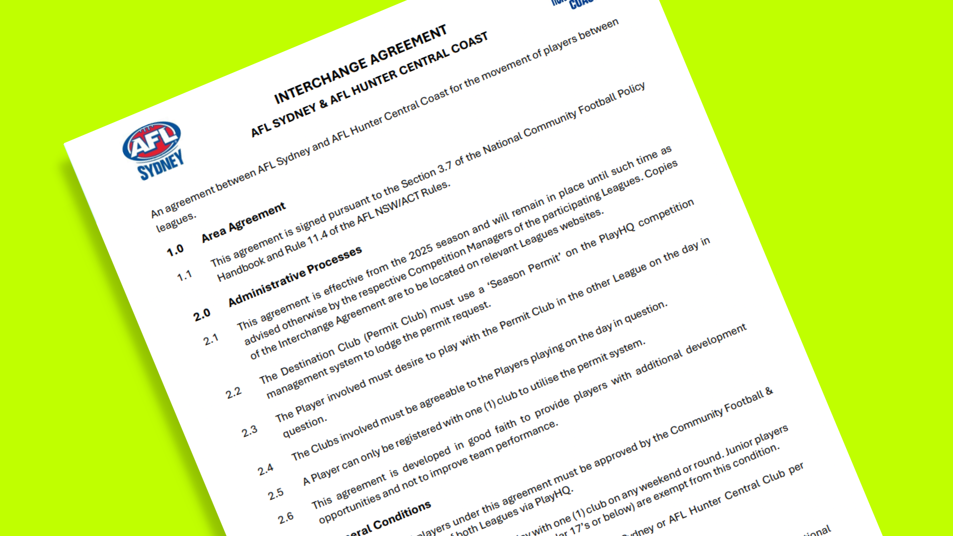 AFL Sydney and AFL Hunter Central Coast - Interchange Agreement - Play AFL