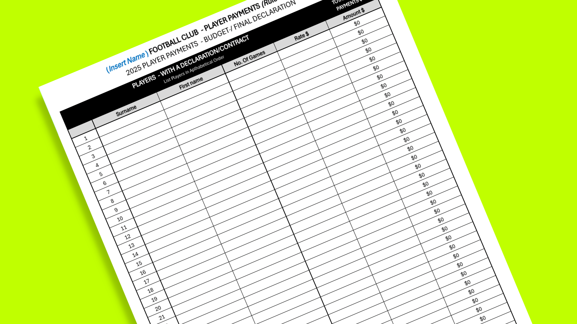 Budget - Actual Allowable Player Payment Template - Play AFL