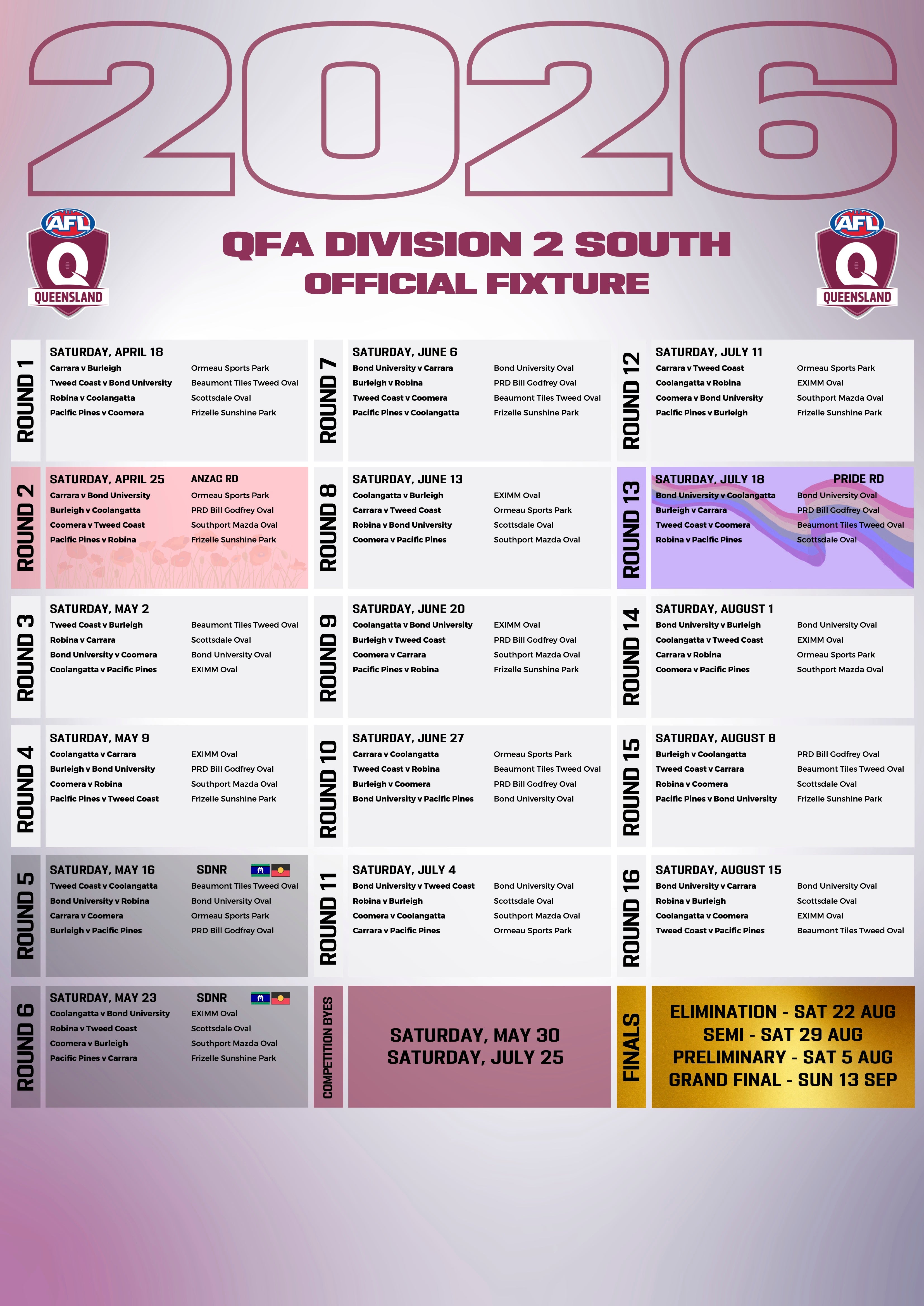 2026 QFA DIVISION 2 NORTH AND SOUTH FIXTURES ARE RELEASED - Play AFL